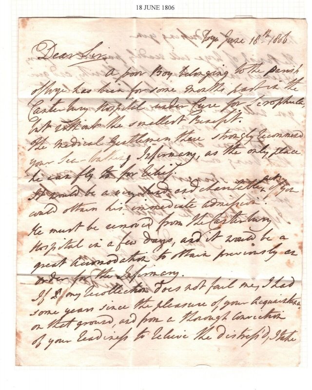 GB KENT Historic Letter *SCROPHULA* 1806 Faversham HOSPITAL Poor ...