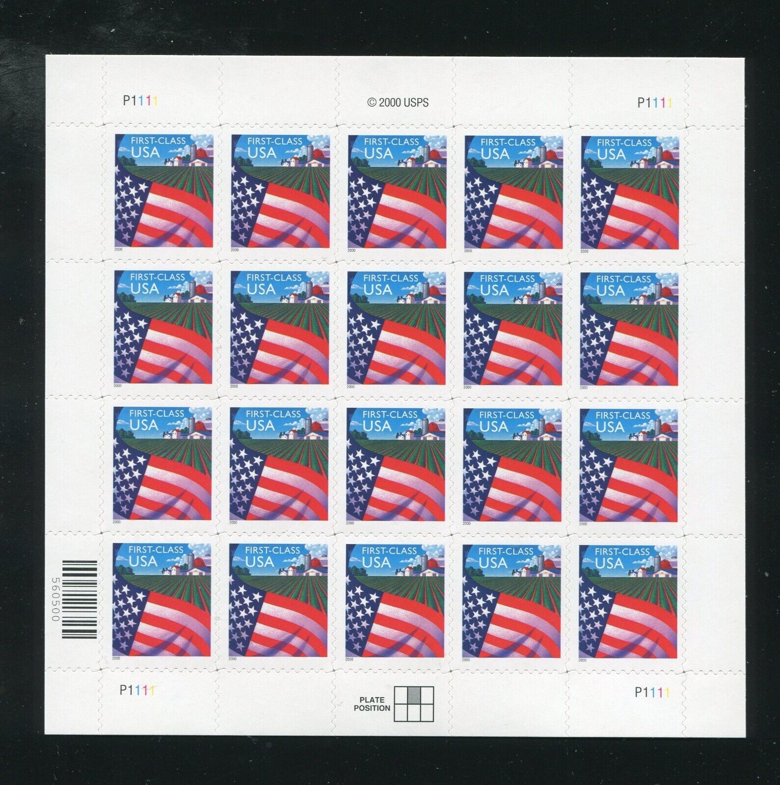 3449 Flag Over Farm Sheet 20 First Class Stamps 34¢ MNH Self Adhesive ...