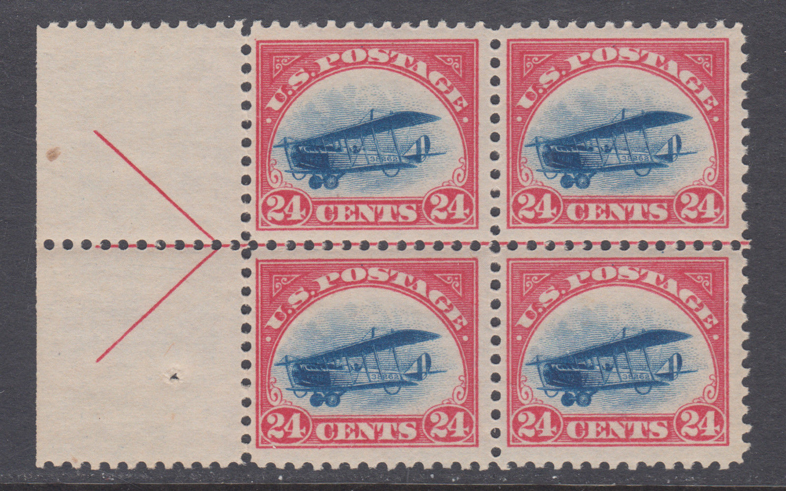 US Sc C3 MNH. 1918 24c Jenny, choice left ARROW BLOCK of 4, fresh ...