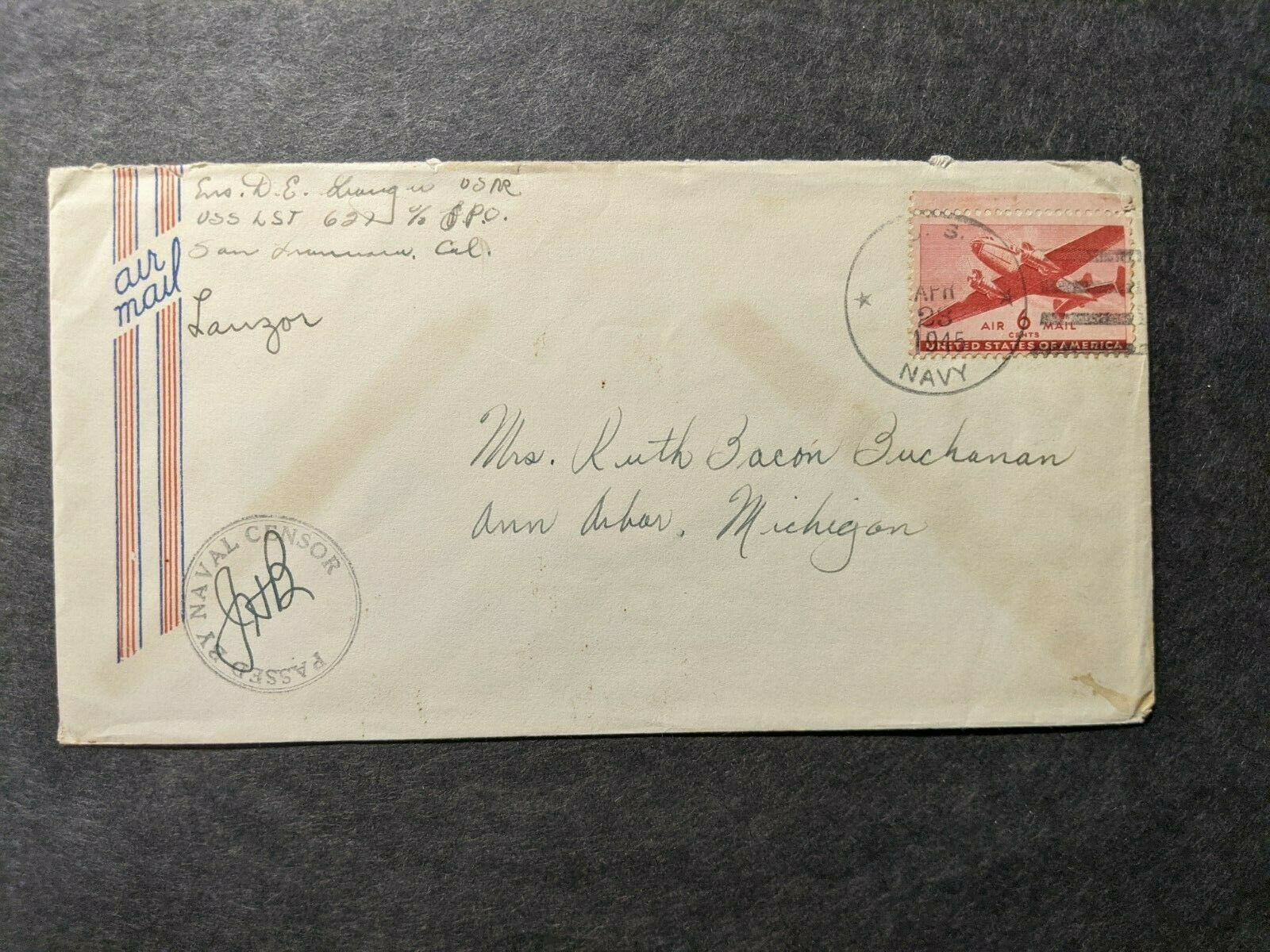 USS LST-627 Naval Cover 1945 Censored WWII Sailor's Mail OKINAWA ...