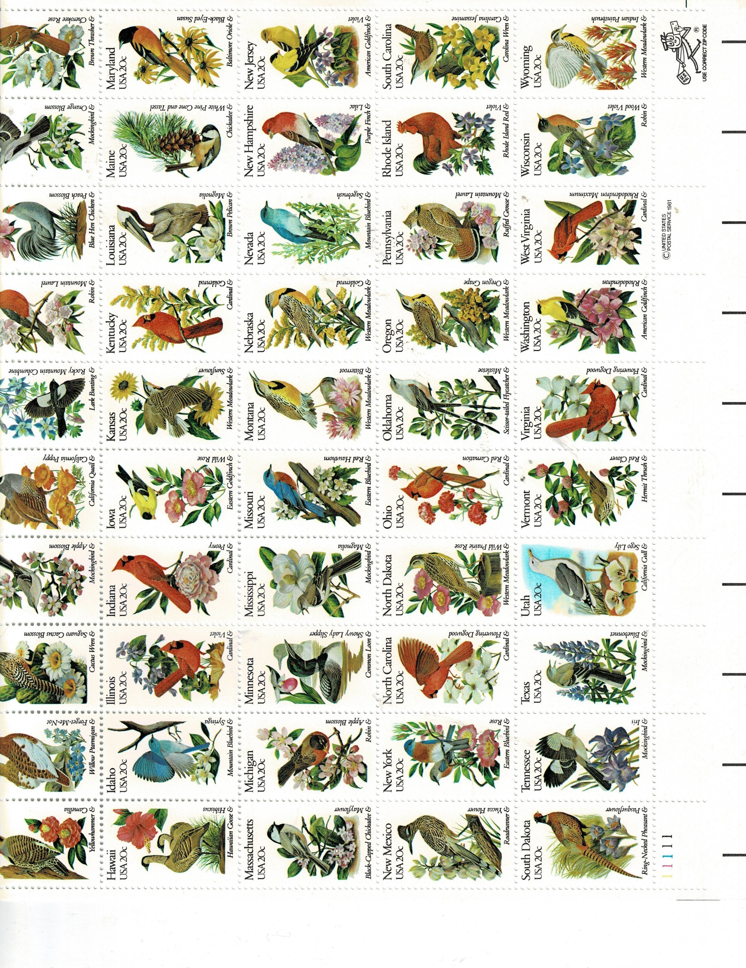 State Birds and Flowers 20c US Postage Sheet Vf MNH #1953-2002 | United ...