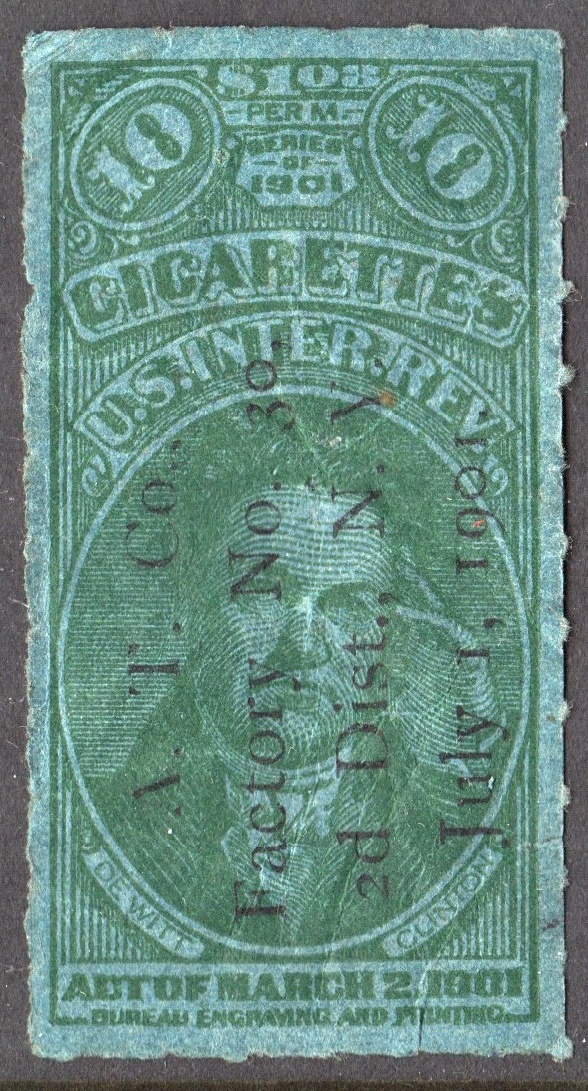 TB18c Series of 1901 Class B Cigarette Revenue Stamp: 10 Cigarettes ...