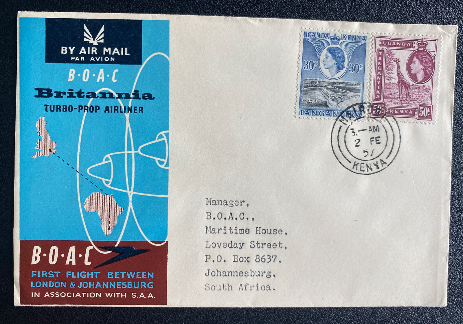1957 Nairobi Kenya First Flight Cover To South Africa BOAC Britannia ...