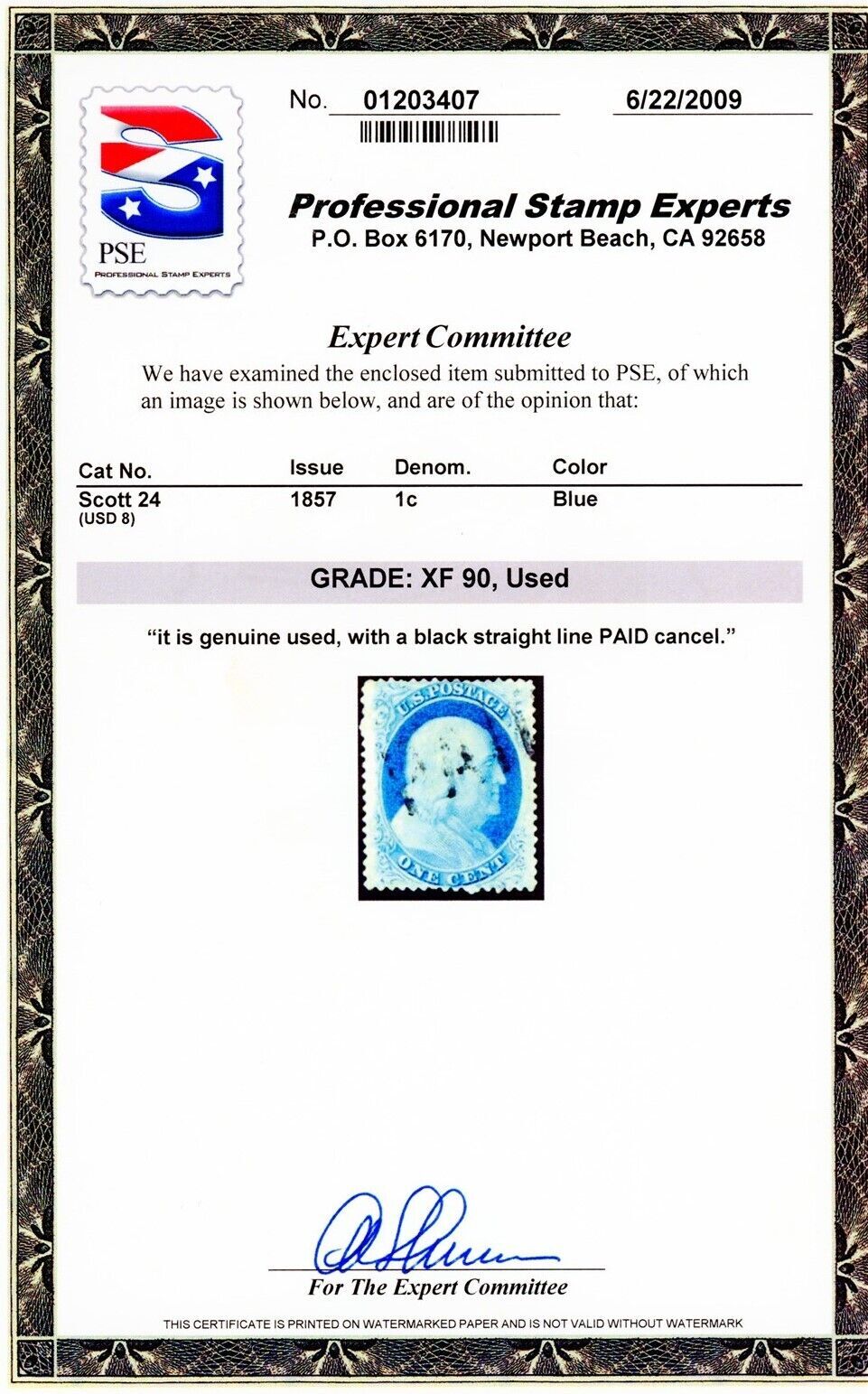 US Stamp #24 Franklin 1c - PSE Cert - XF 90 - Used - SMQ $350.00 ...