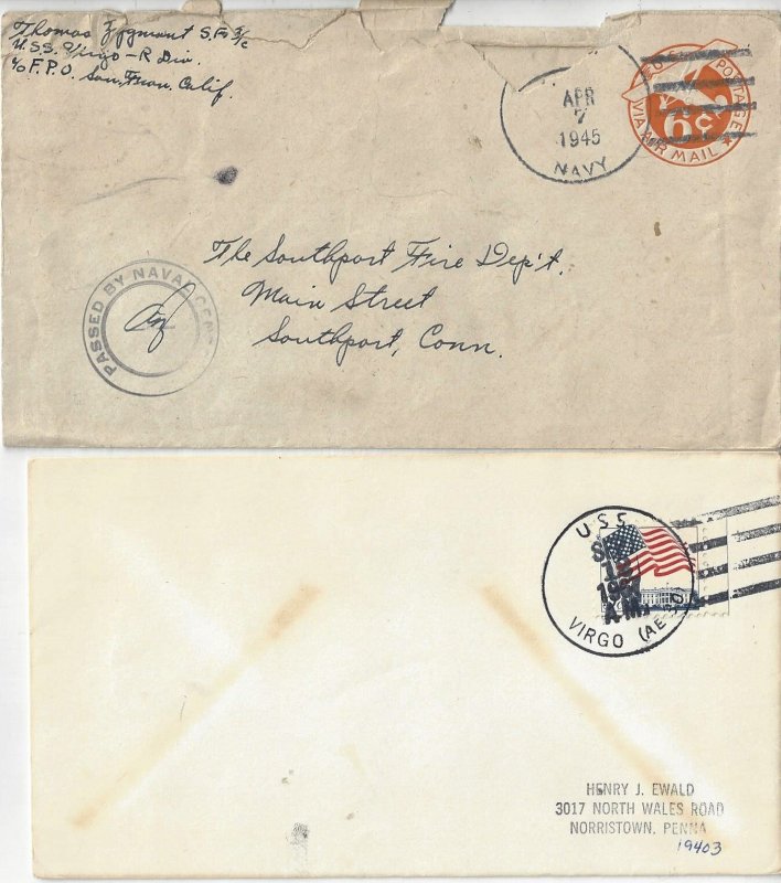 US Navy Cover USS Virgo AKA 20/AE 30 1945 WWII Censored Sailor's Mail ...