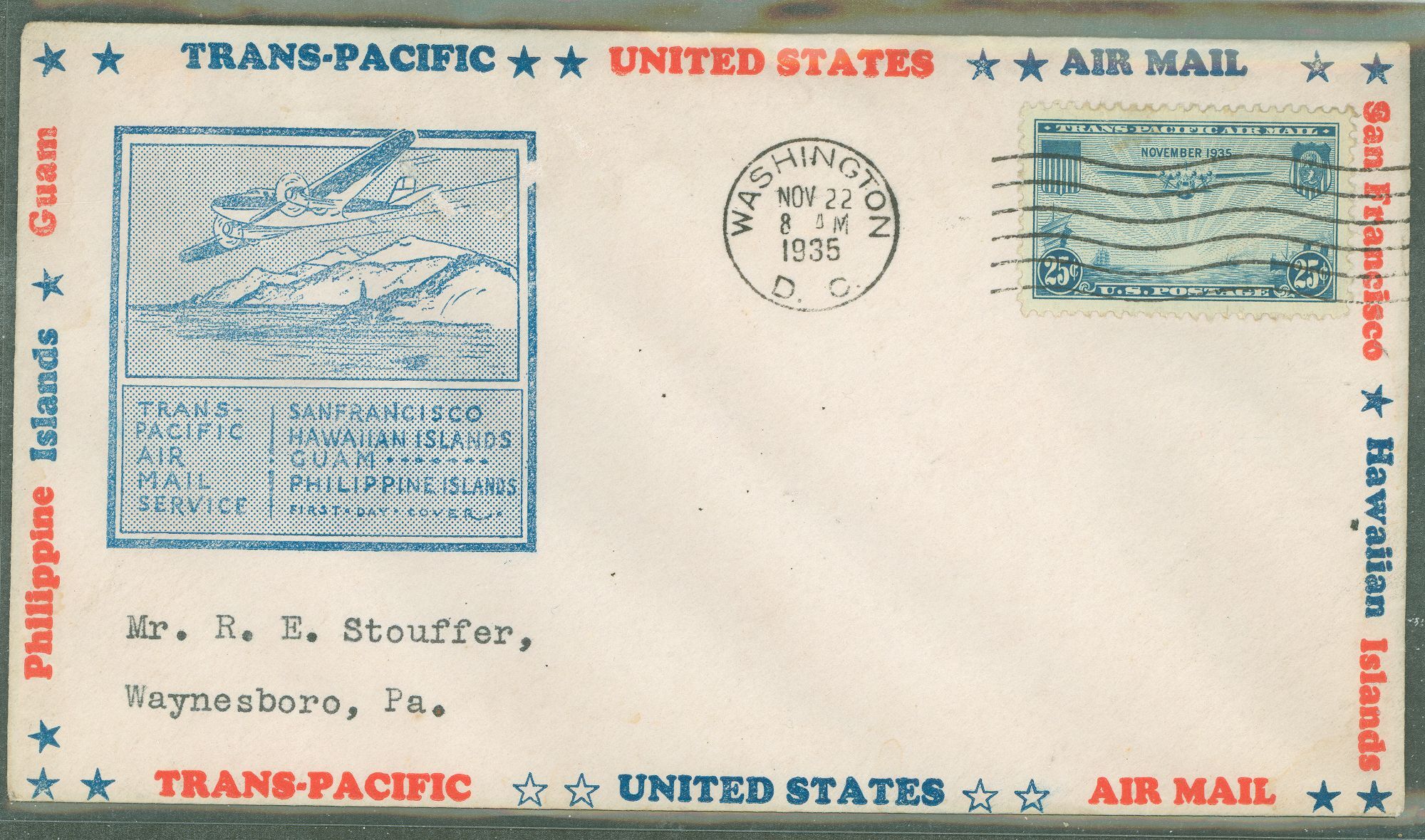 US C20 (1935) 25c China Clipper (single) on an addressed (typed) First ...
