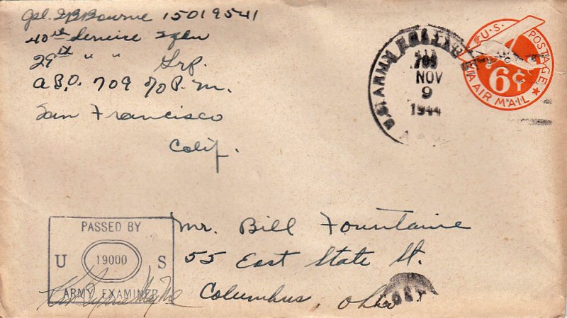 United States A.P.O.'s 6c Monoplane Air Envelope 1944 U.S. Army Postal ...