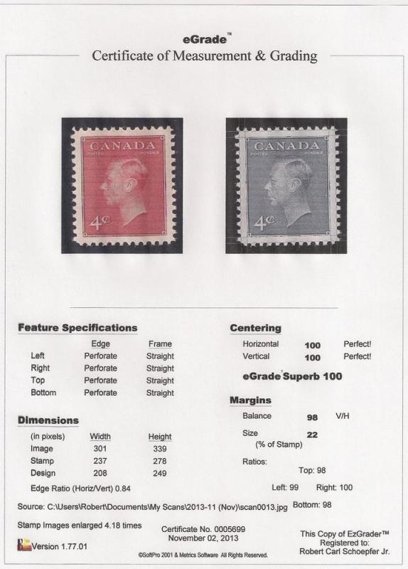 Canada #287 4 cent King George 6 Stamp Mint OG NH EGRADED SUPERB 100 ...