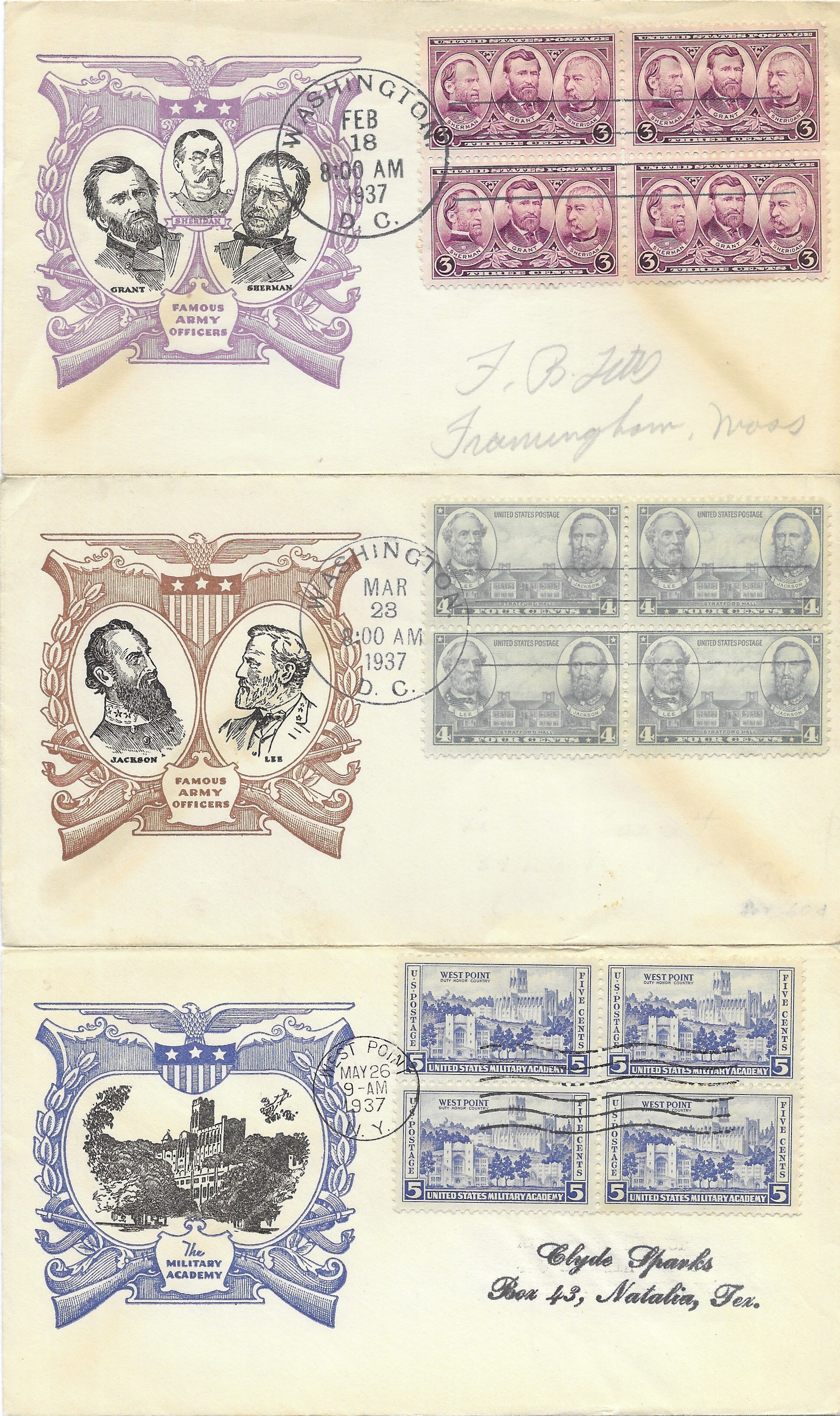 1936-1937 FDC, #785-789, 1c-5c Army Heroes, Linprint (5), block of 4 ...