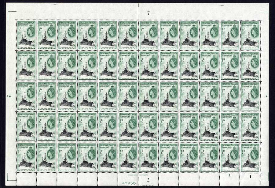 Falkland Islands Deps SGG26a 1954-62 1/2d De La Rue printing complete ...