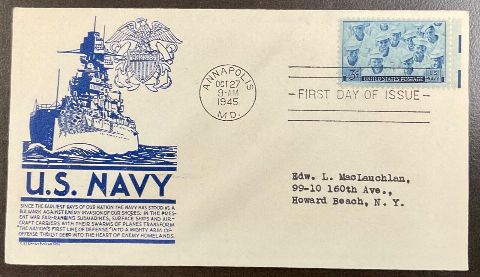 935 CS Anderson light blue cachet Navy in World War II FDC 1945 ...