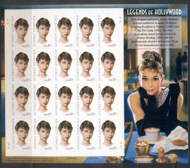 USA 2003 Sc#3786 Legends of Hollywood, Audrey Hepburn Pane 20 MUH ...
