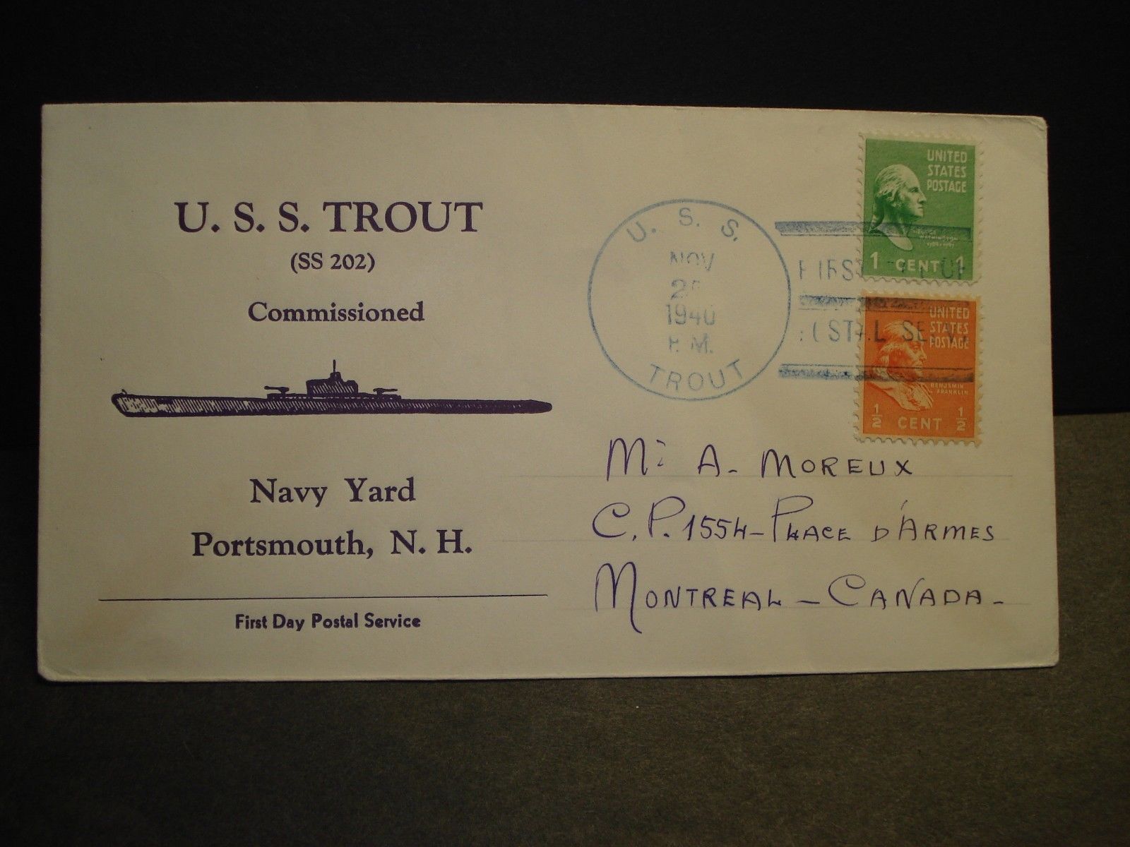 Submarine USS TROUT SS-202 Naval Cover 1940 FDPS COMMISSIONED Cachet ...