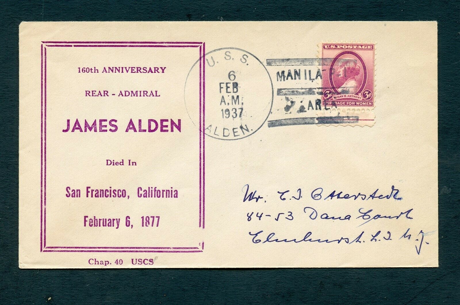 US Alden 2/6/1937 to Columbia, SC (160Th Anniv Rear Admiral J Alden ...