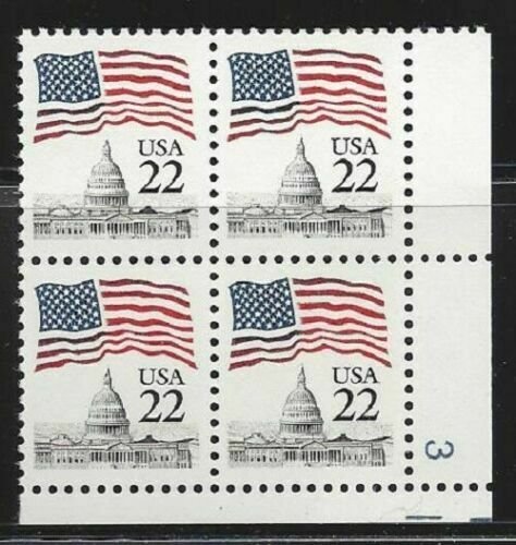 US Stamps 22 cent Flag over Capital Bldg plate block of 4 Scott #2114 ...