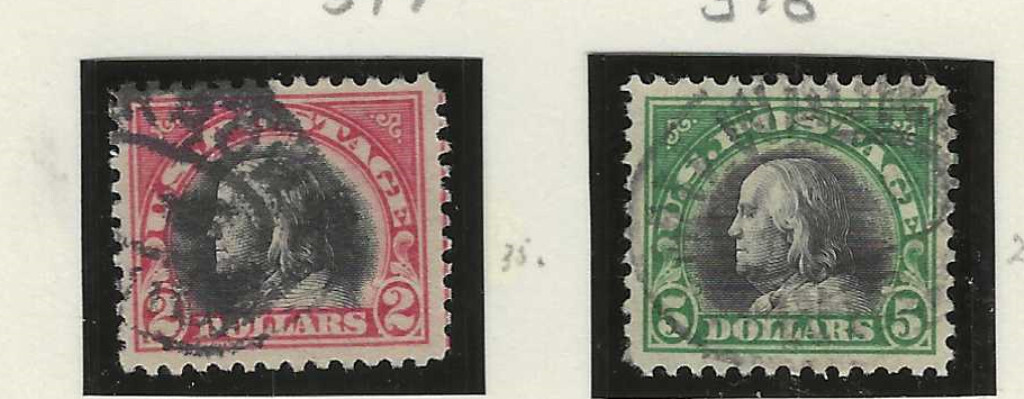 US Stamps $2 & $5 Franklins FR 1918 (Sc# 523, 524) Used CAT $275 ...