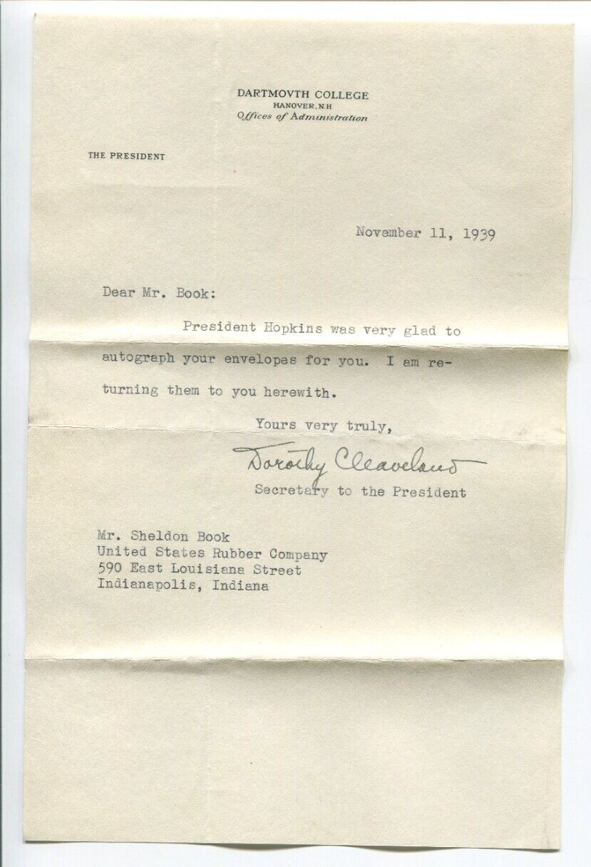Ernest M. Hopkins Dartmouth University President Signed Cover & Letter ...