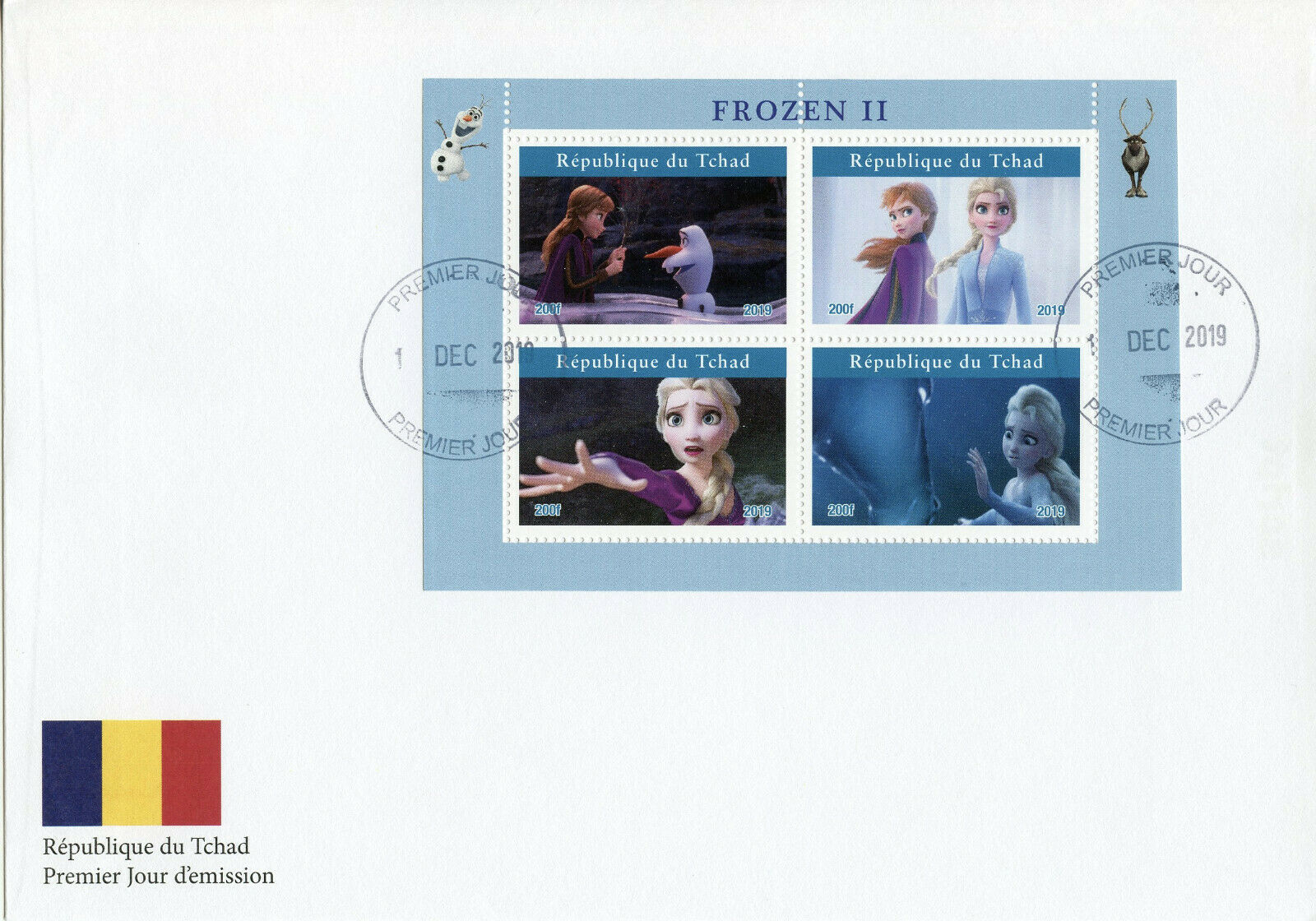 Chad Disney Stamps 2019 FDC Frozen 2 Elsa Olaf Cartoons Animation 4v M ...