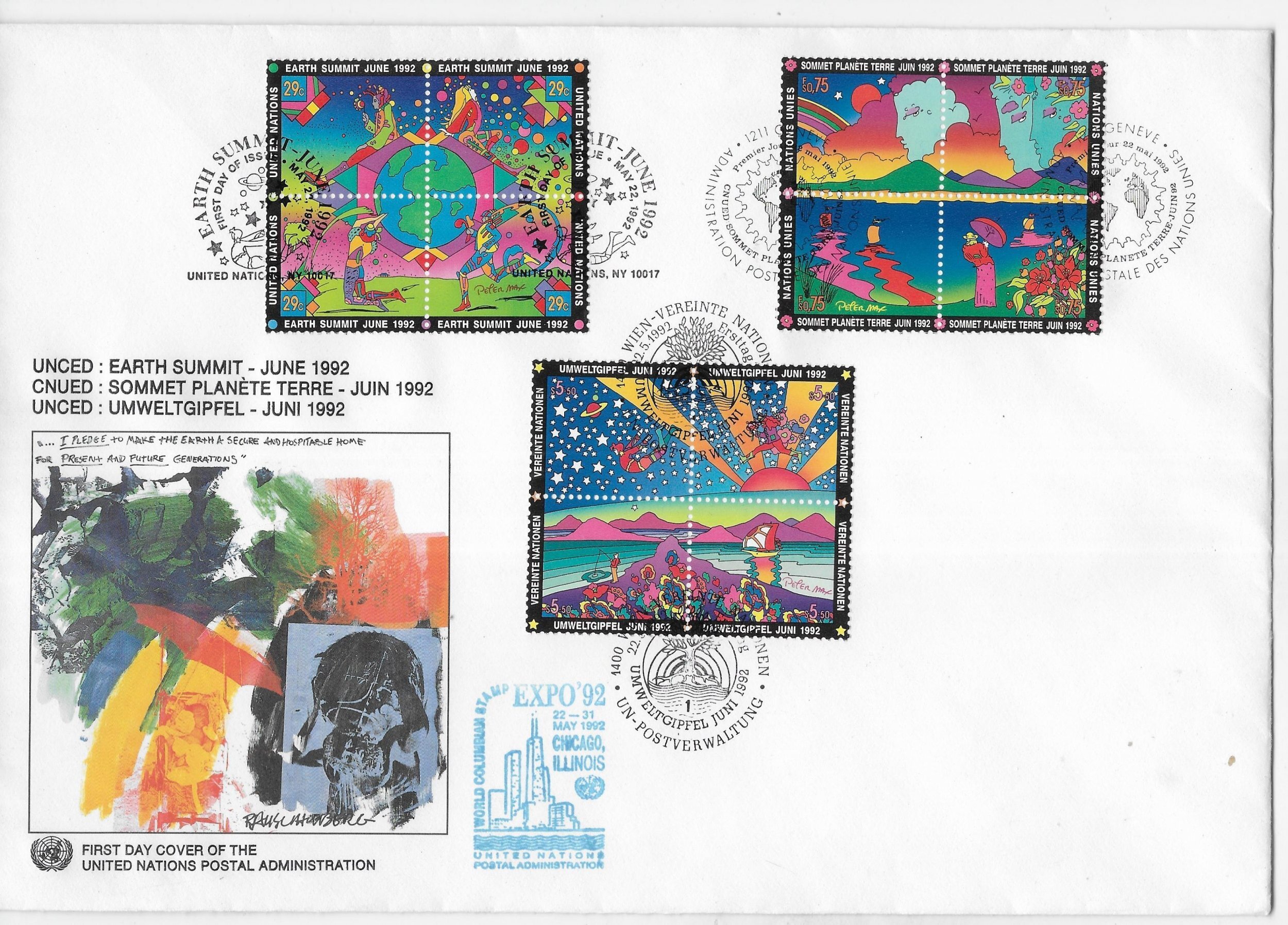 United Nations NY 608a, G219a, V132a Earth Summit Geneva Large FDC ...