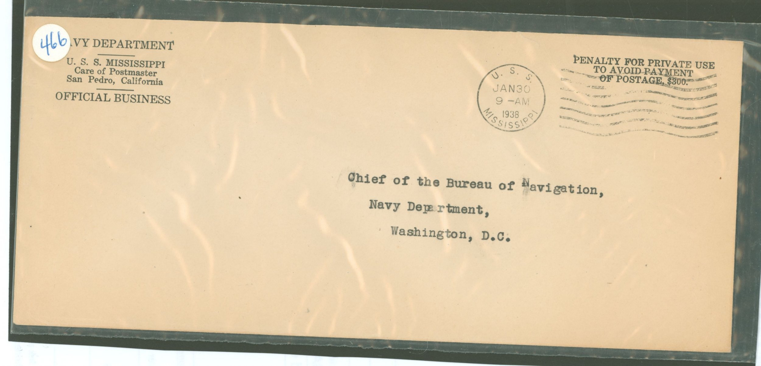 US 1938 Official Navy envelope; Navy dept.official penalty envelope USS ...
