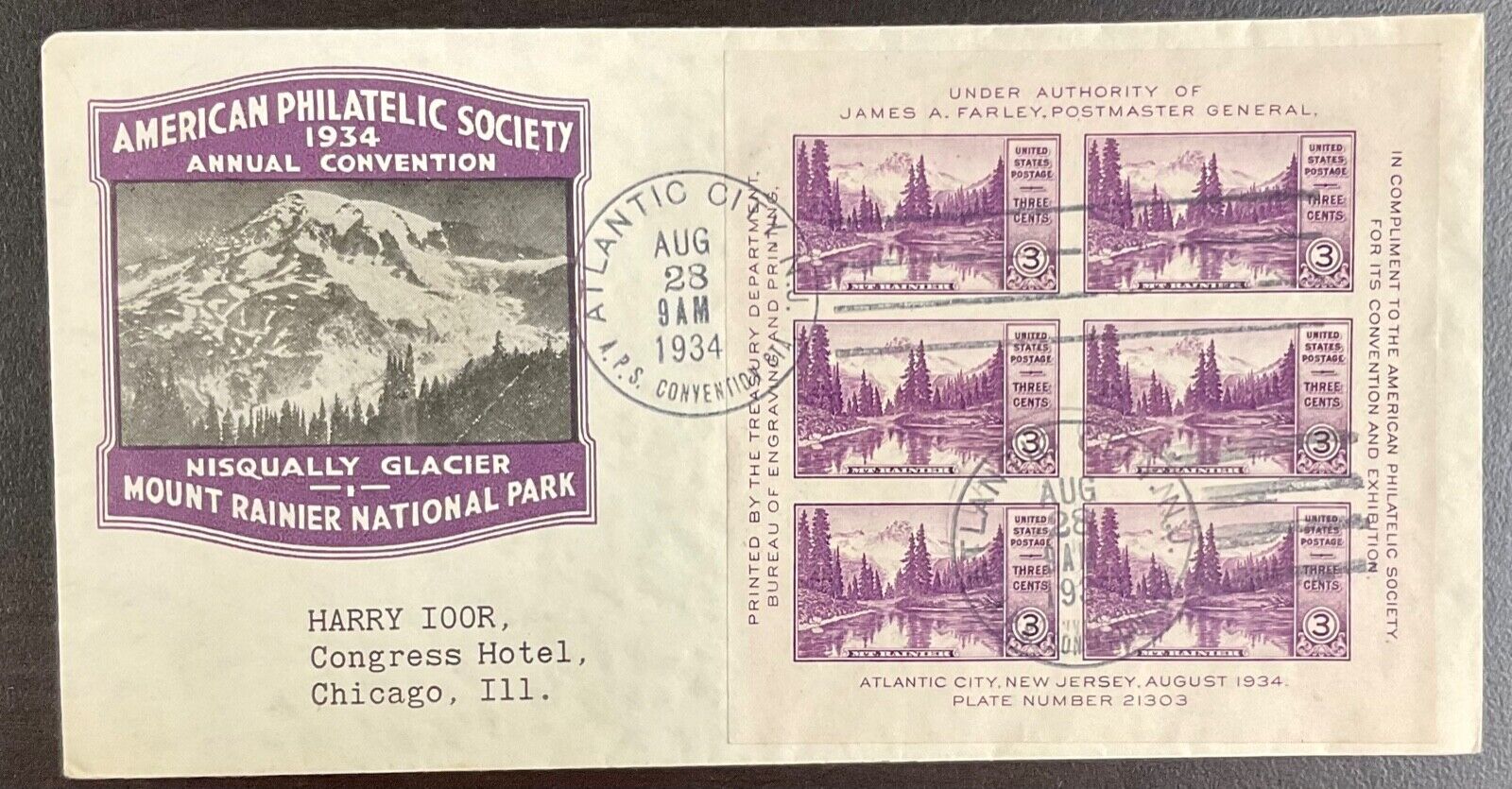 750 Ioor cachet Mt Rainier National Park Souvenir Sheet FDC 1934 ...
