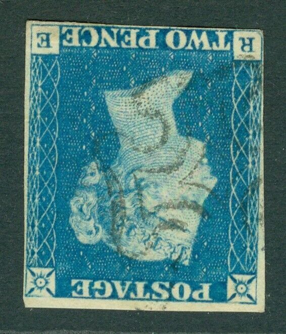 SG 5 1840 2d blue plate 1 lettered RE, variety inverted watermark. 4 ...
