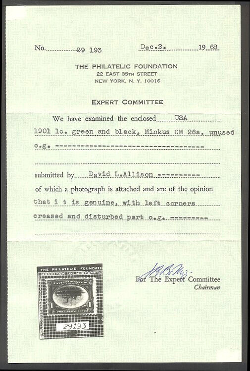 U.S. #294a RARE Mint w/ Cert - 1901 1c Pan-American w/ INVERTED CENTER ...