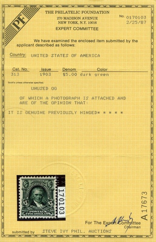US Scott #313 Mint-Xf-Superb-Og-Xlh W/ PF Cert "Great Stamp" (3/15/23 ...