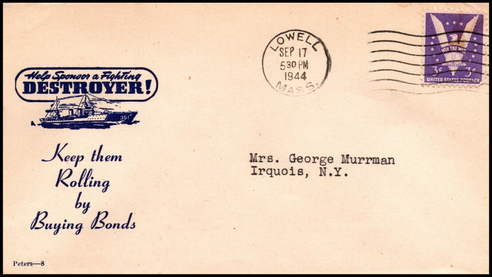 17 Sep 1944 WWII Patriotic Cover Sponsor A fighting Destroyer Sherman ...