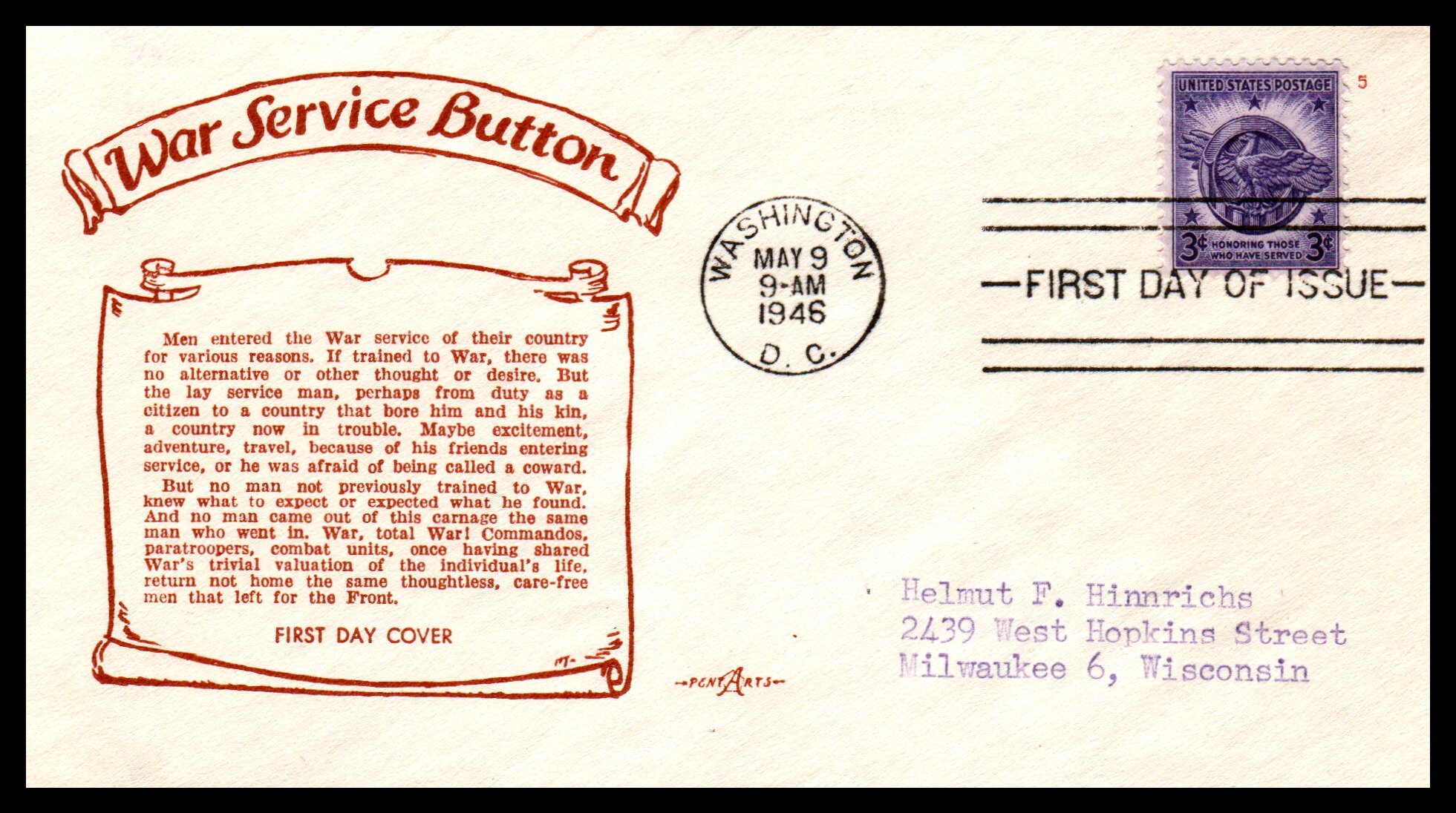 US 940 Honorable Discharge Pent Arts Typed FDC | United States, General ...