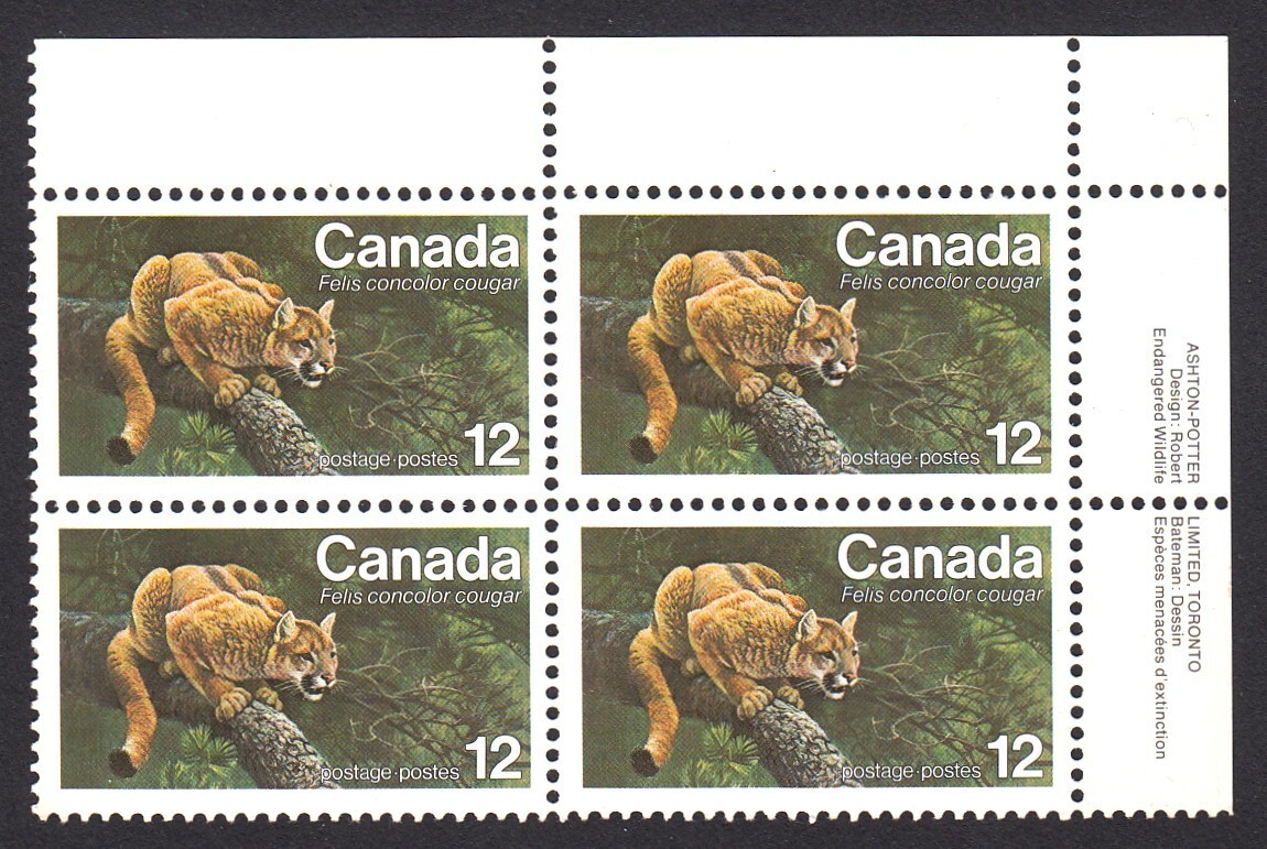 Canada 1977 Eastern COUGAR ENDANGERED WILDLIFE #732 MNH UR Plate Block ...