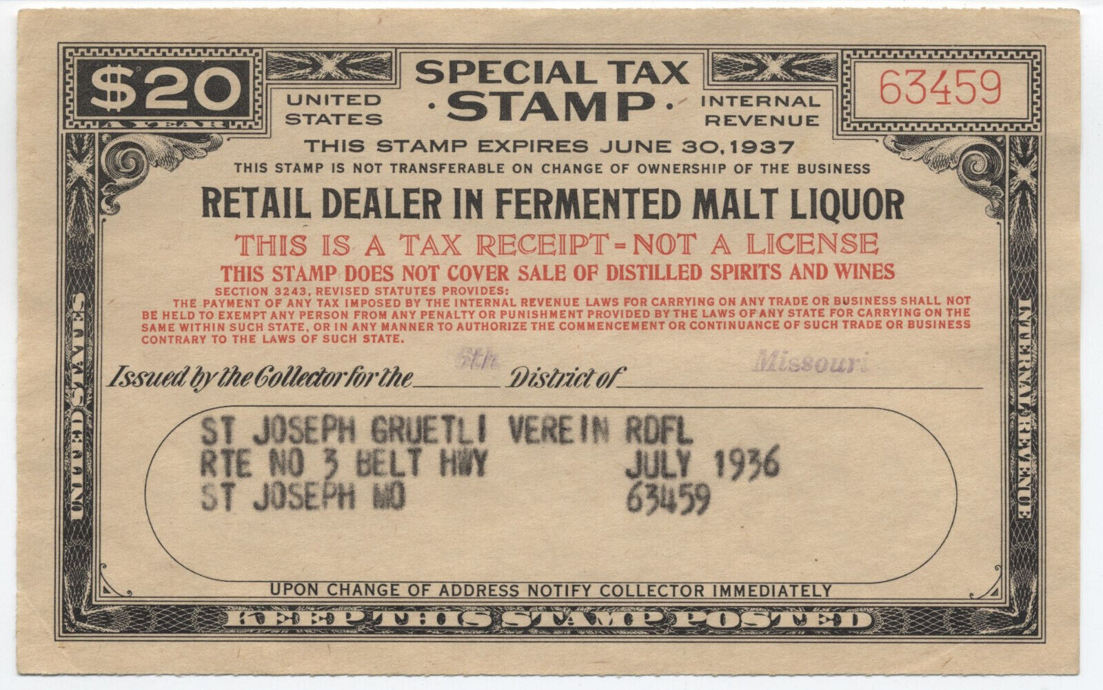 1937 special tax stamp Retail Dealer in Fermented Malt Liquor $20 [6515 ...