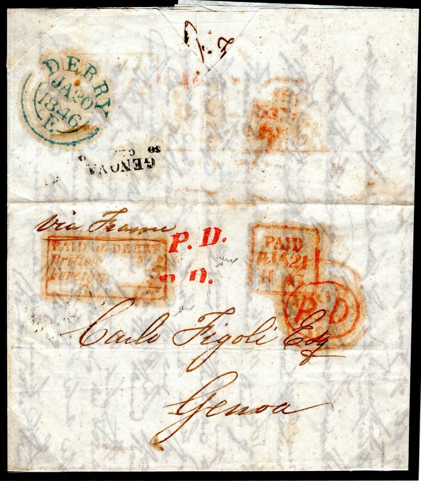 GB IRELAND Cover Maritime *PAID at DERRY/British/Foreign* 1846 Italy ...