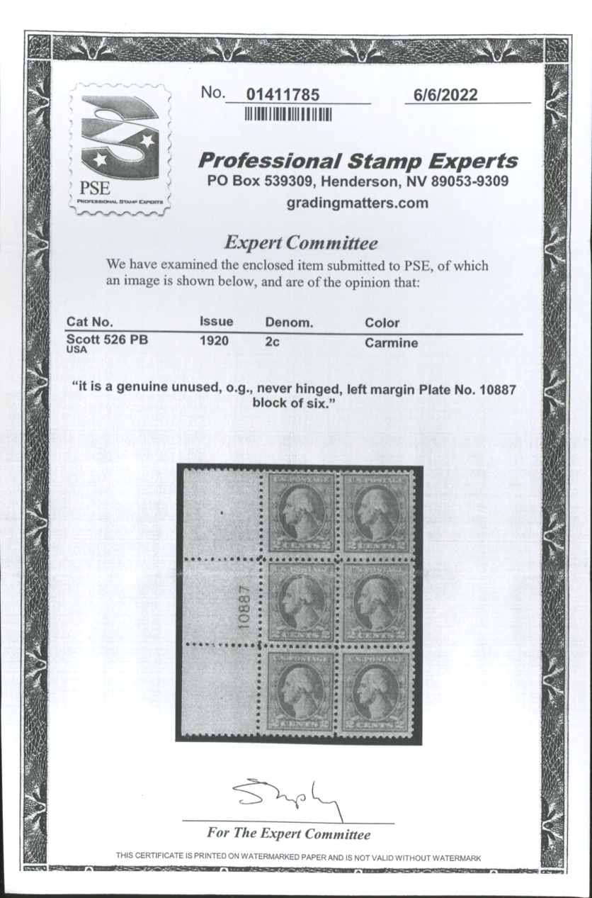 U.S. #526 Mint PL# Block of 4 With PSE Cert(Copy) OG NH | United States ...