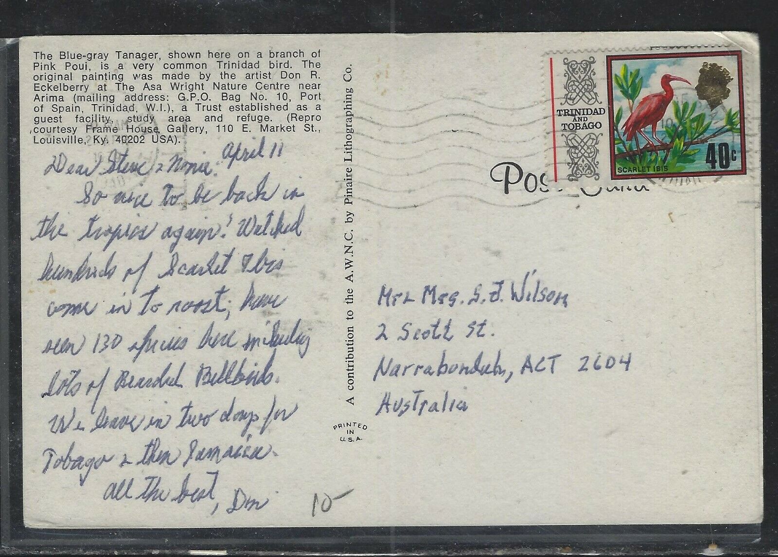 Trinidad & Tobago Cover (Pp2412B) Qeii 40c Bird on PPC to Australia ...