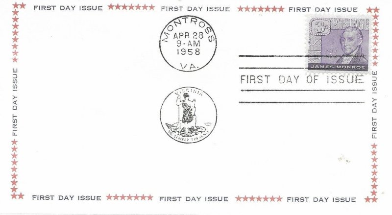 1958 FDC, #1105, 3c James Monroe, general purpose | United States ...