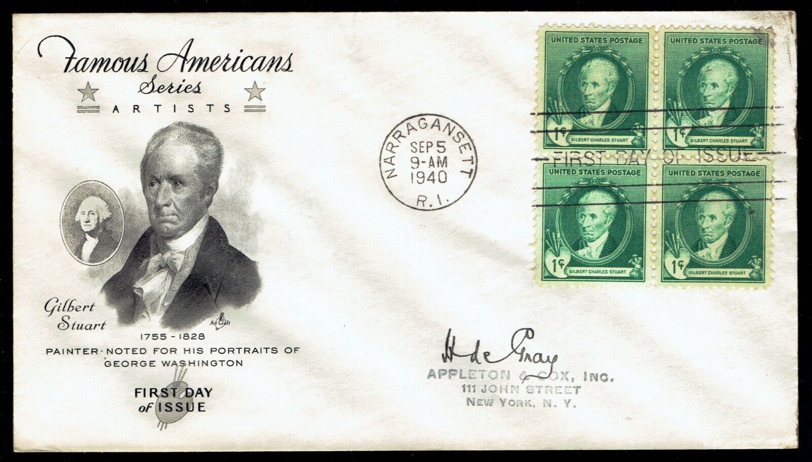 US 884 Gilbert Stuart 3c Famous Americans FDC Sep 5 1940 Art Craft ...