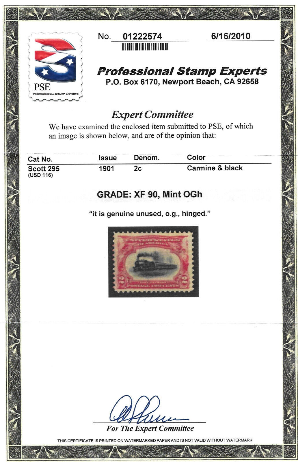 US Scott # 295, 1901 2¢ Pan-American Expo, PSE 90, XF, Mint, OG, H ...