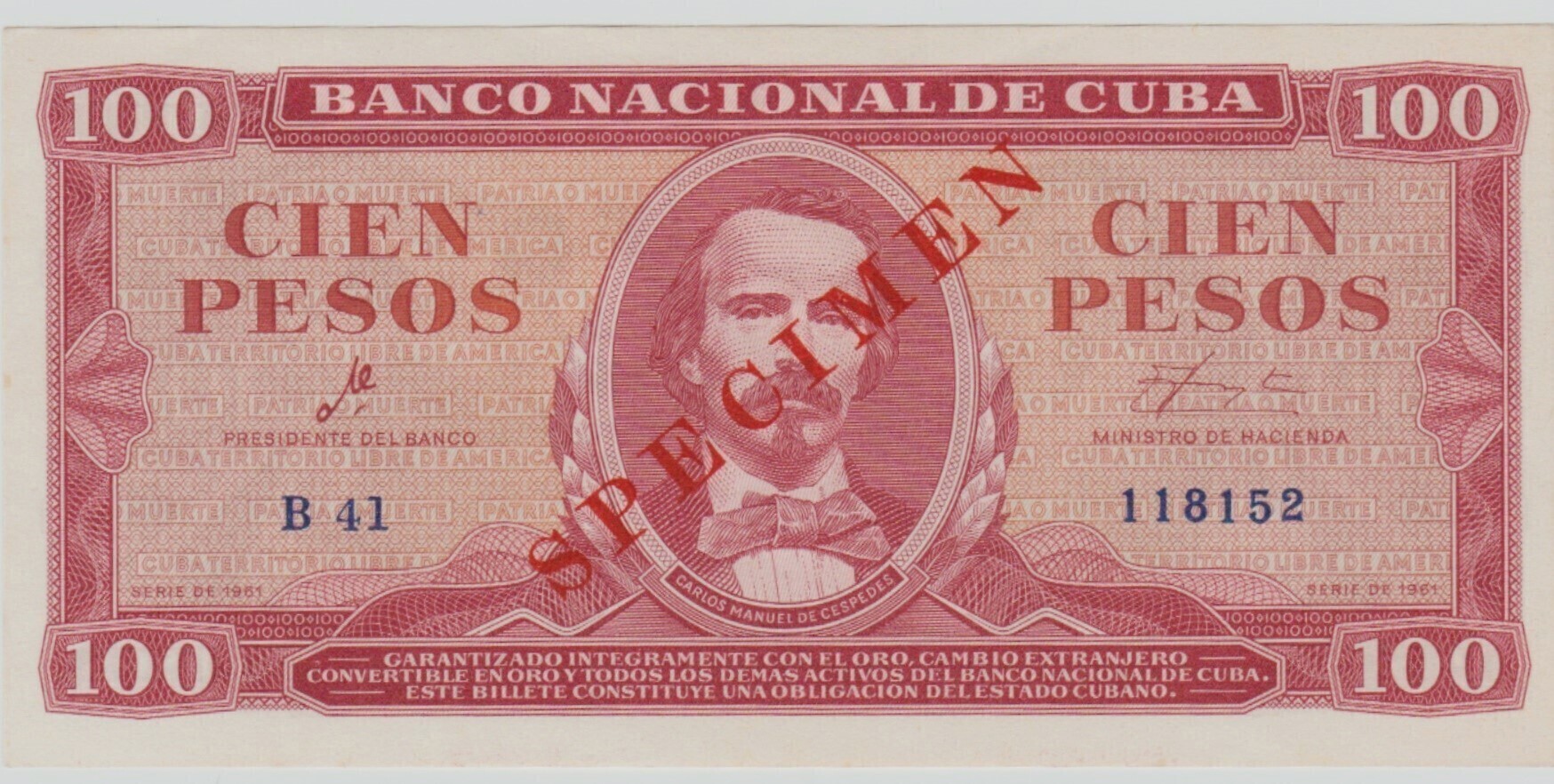 1961 Cuba 100 Pesos Specimen Che Guevara Signature Crispy Unc ...