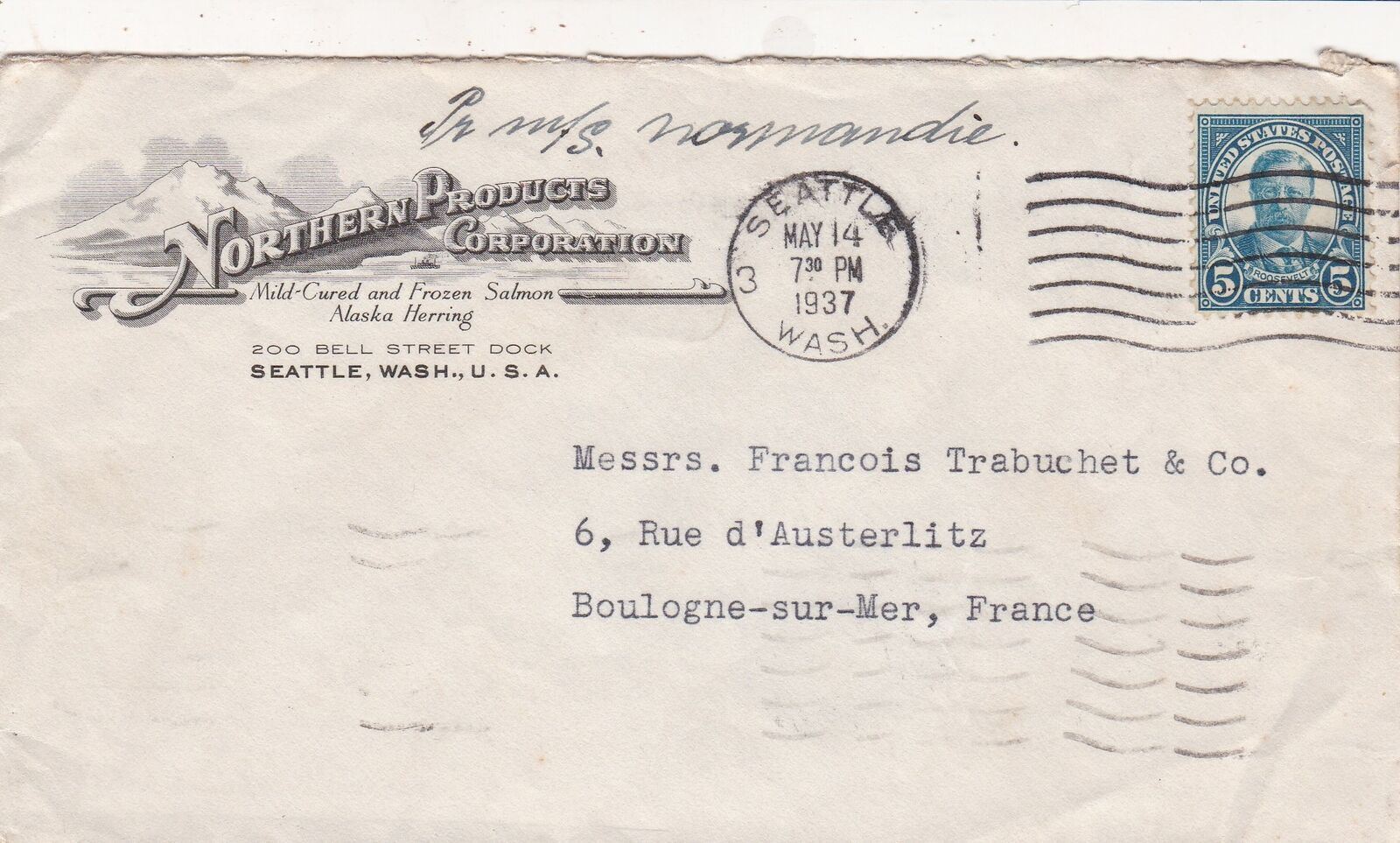 U.S. Seattle to Boulogne 1937 Cover 1st Seattle Poster Stamp NPC Logo ...