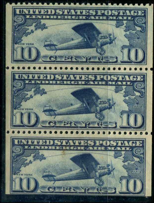 USA SC# C10 Lindbergh's Plane 10c Booklet Pane of Three MNH w/ mount SV ...
