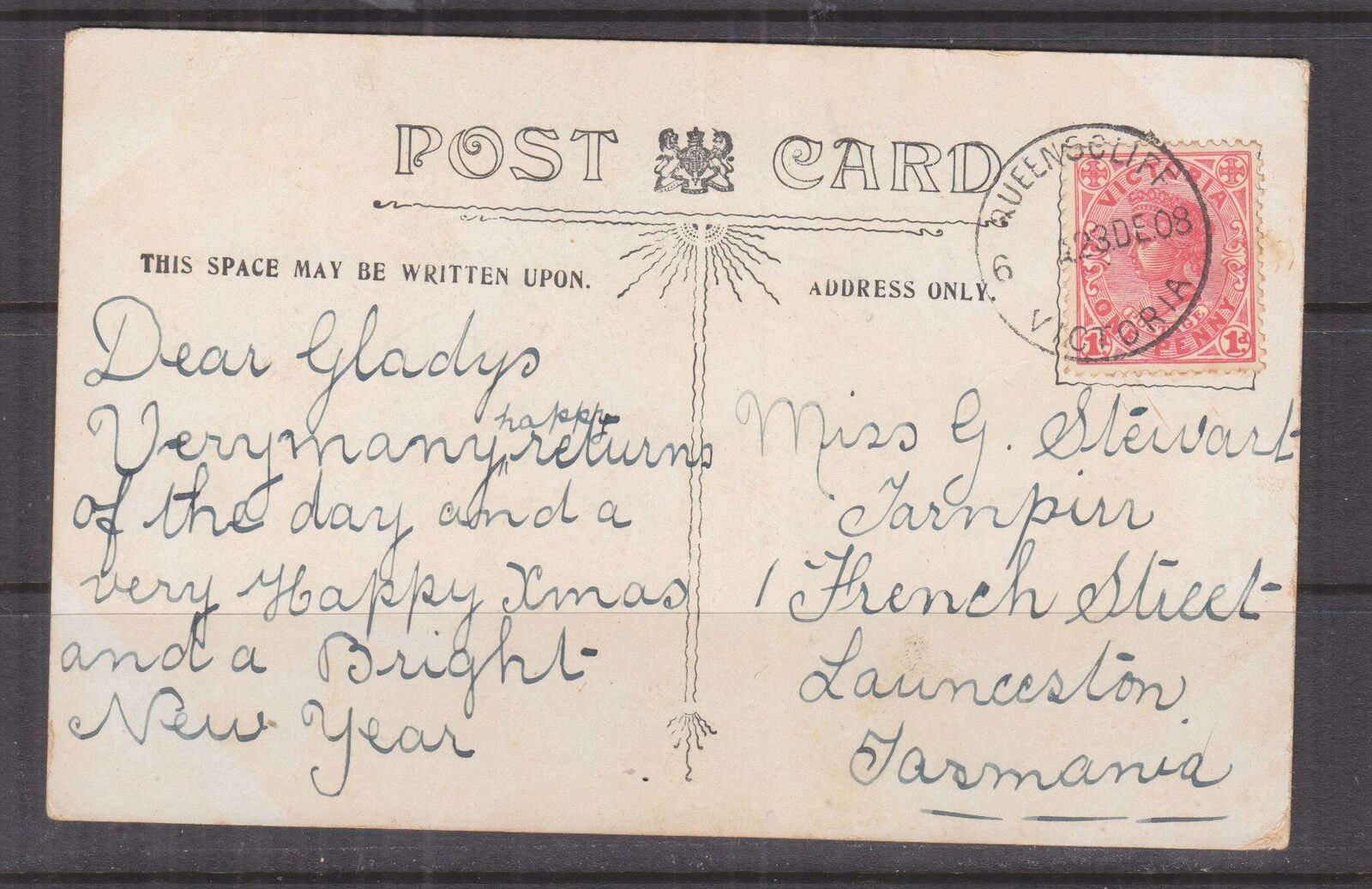 VICTORIA, 1908 ppc. Tea House, Botanical Gardens, 1d. QUEENSCLIFF to ...