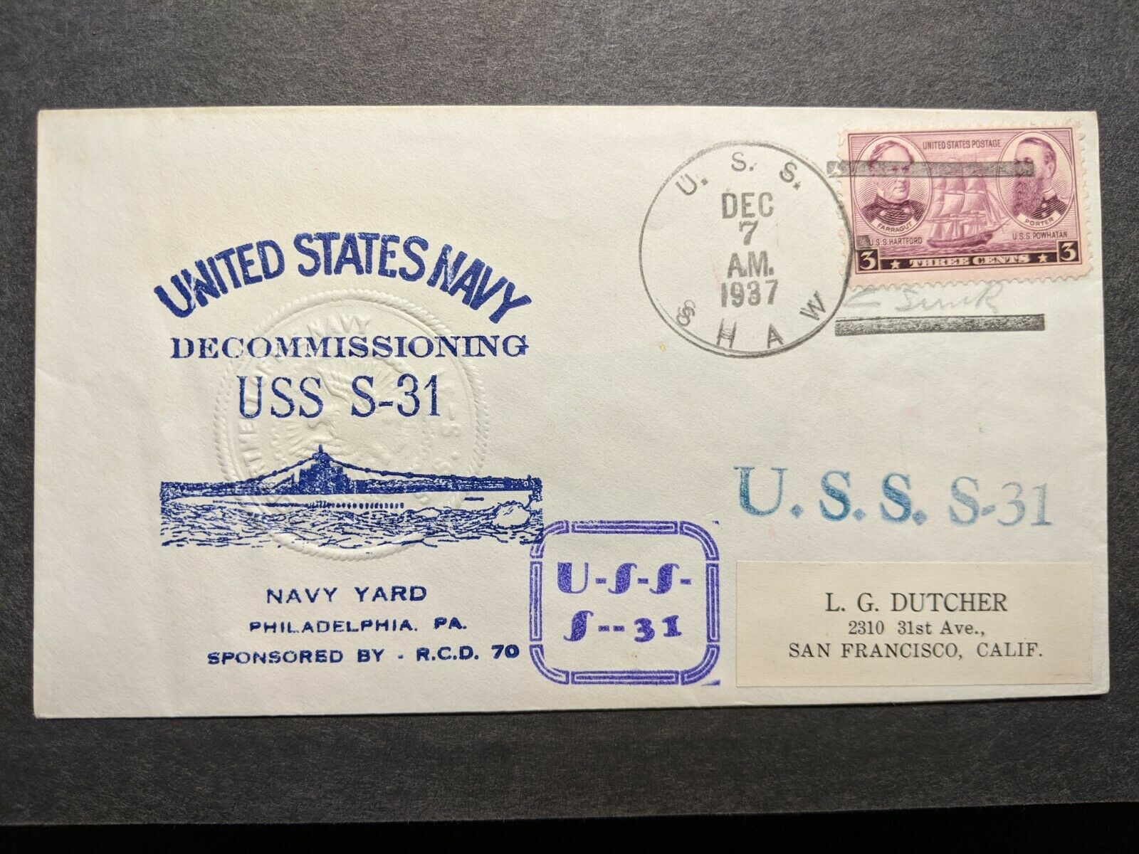 Submarine USS S-31 Naval Cover 1937 HUTNICK DECOMMISSIONED Cachet USS ...