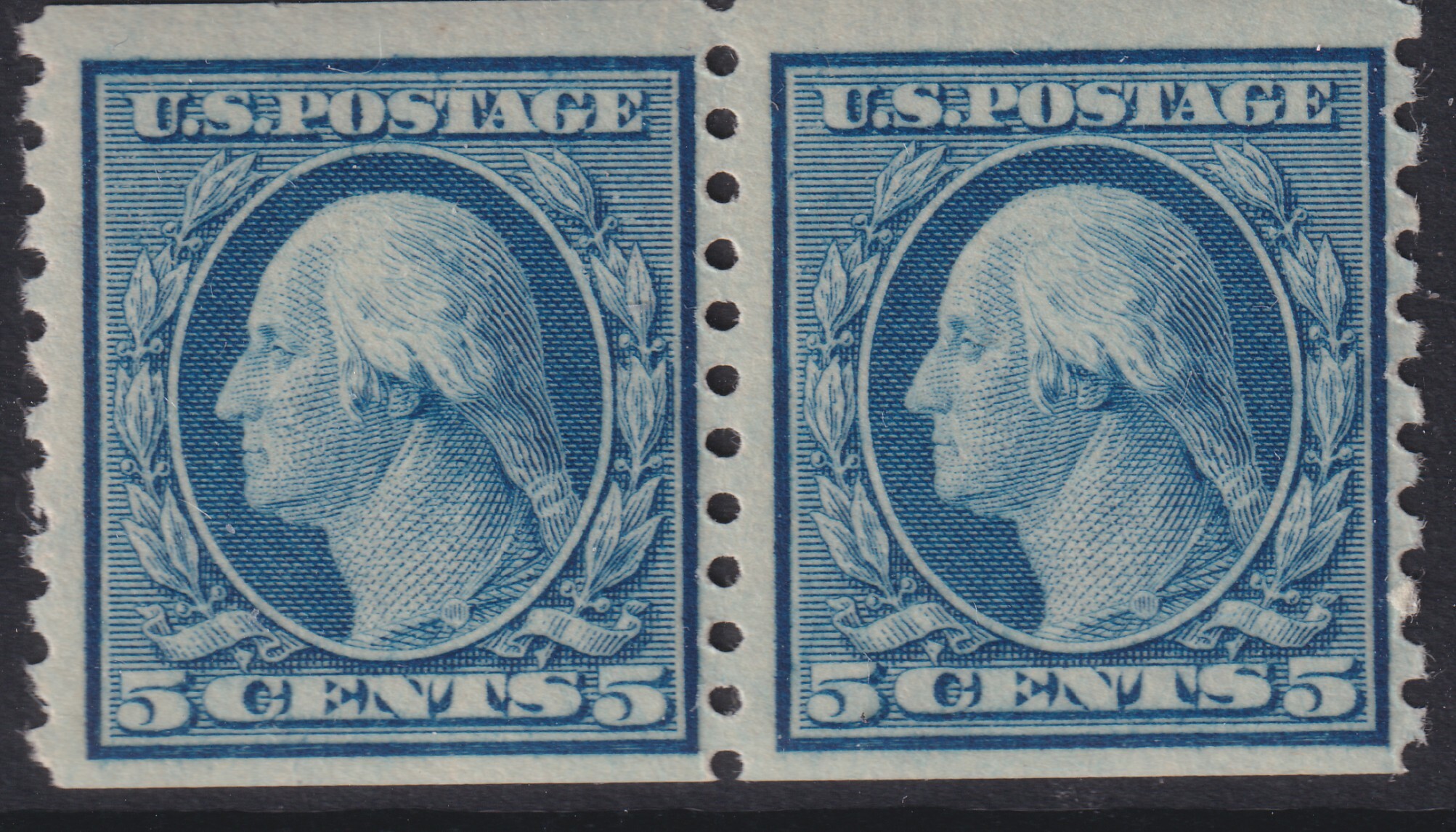 Sc# 496 U.S 1919 "Washington" 5¢ vertical coil pair P. 10 MNH CV $17.50 ...