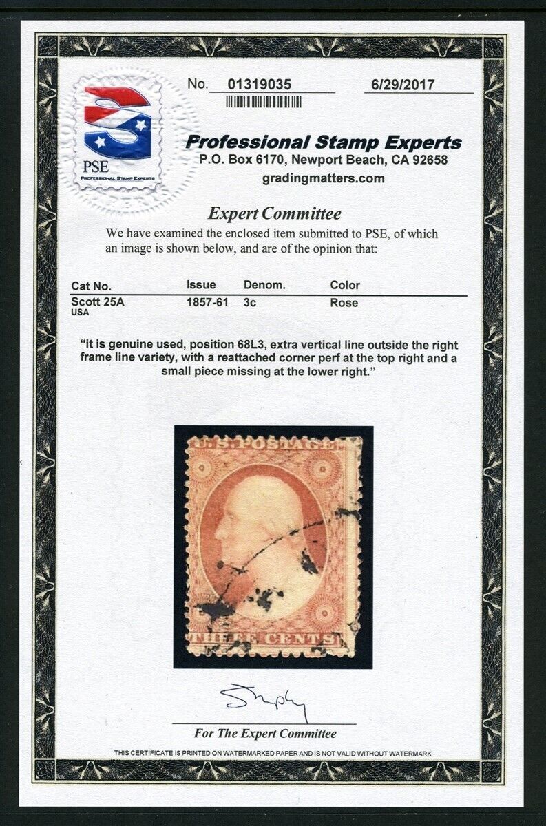 US #25A 3c Washington - Plated 68L3 EXTRA LINE- PSE CERTIFICATE cv$800. ...