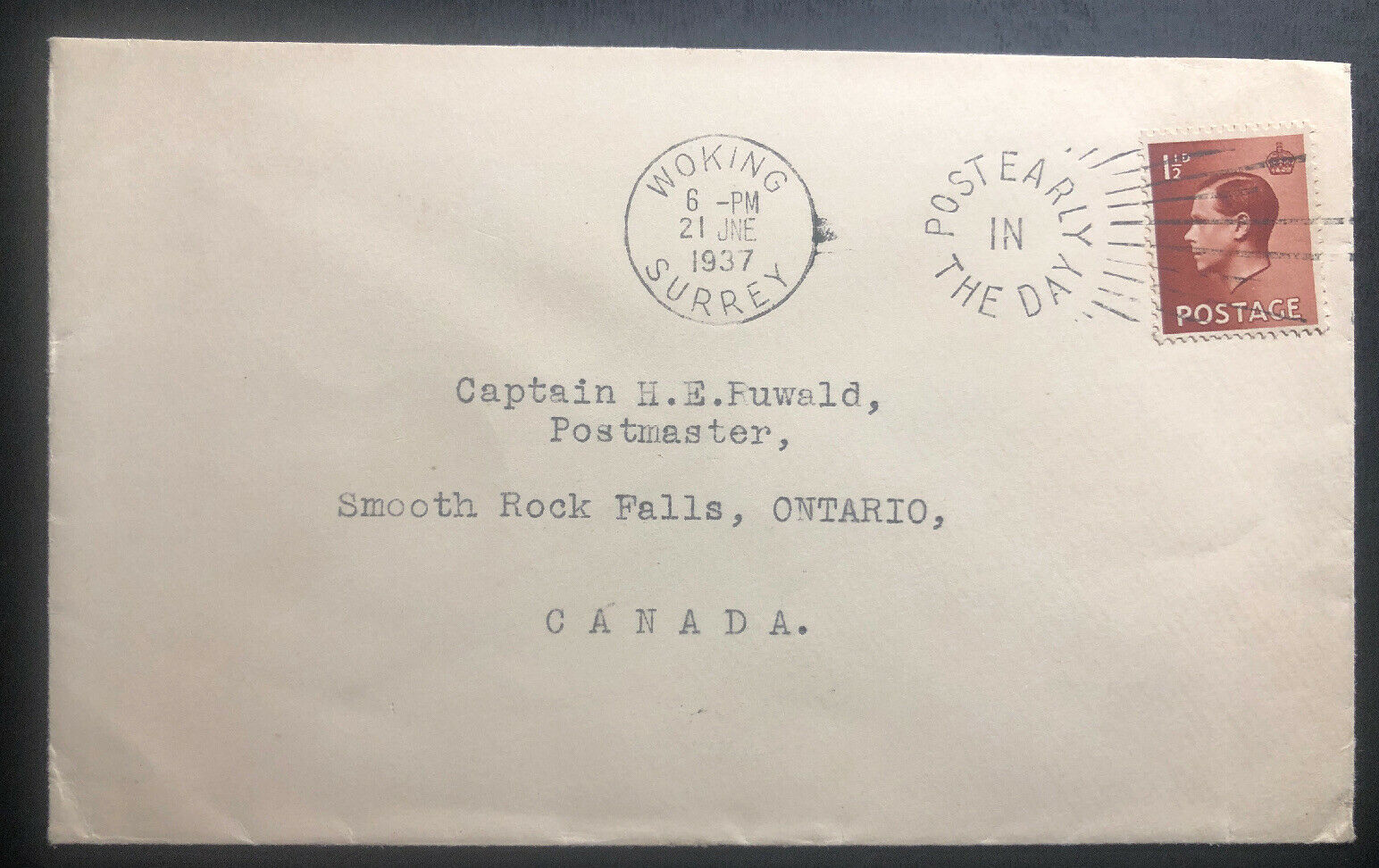 1937 Woking England cover To Smooth Rock Falls Canada King Edward VIII ...