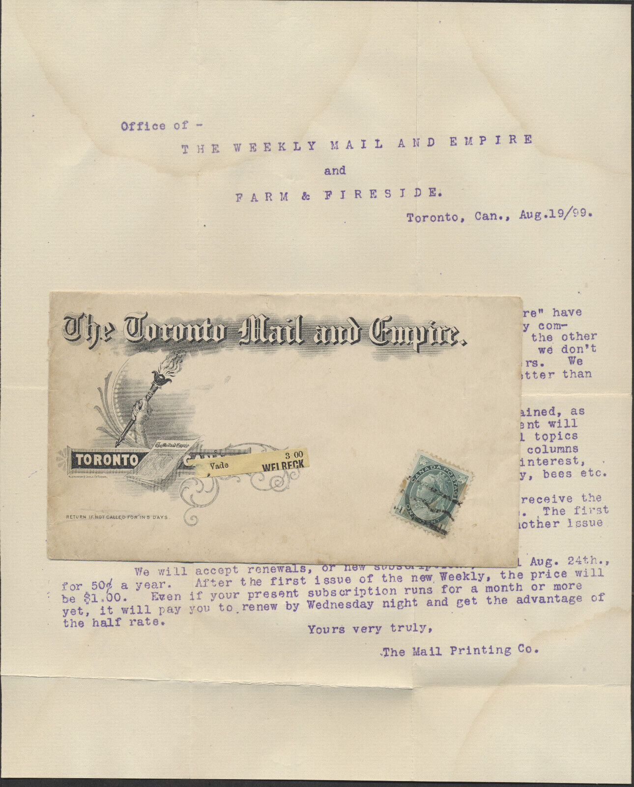1899 Toronto Mail & Empire Advertising Cover + Letter to Welbeck ONT ...