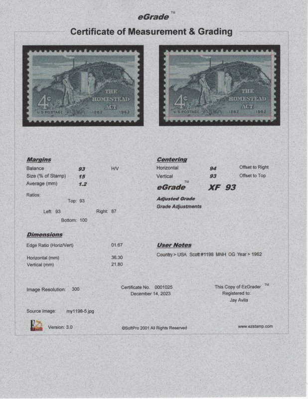 US Scott #1198 MNH OG 4c eGraded With Certificate > eGrade XF 93 ...