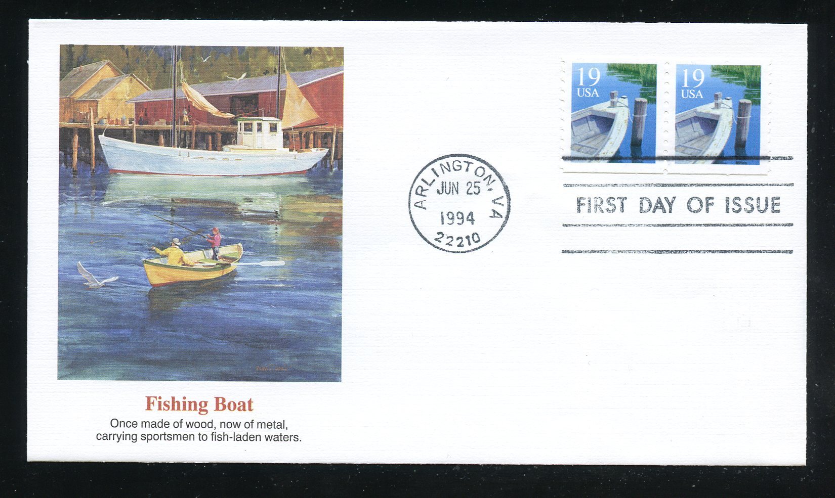 US 2529C 19c fishing boat, coil FDI 6/25/94 UA Fleetwood cachet FDC ...