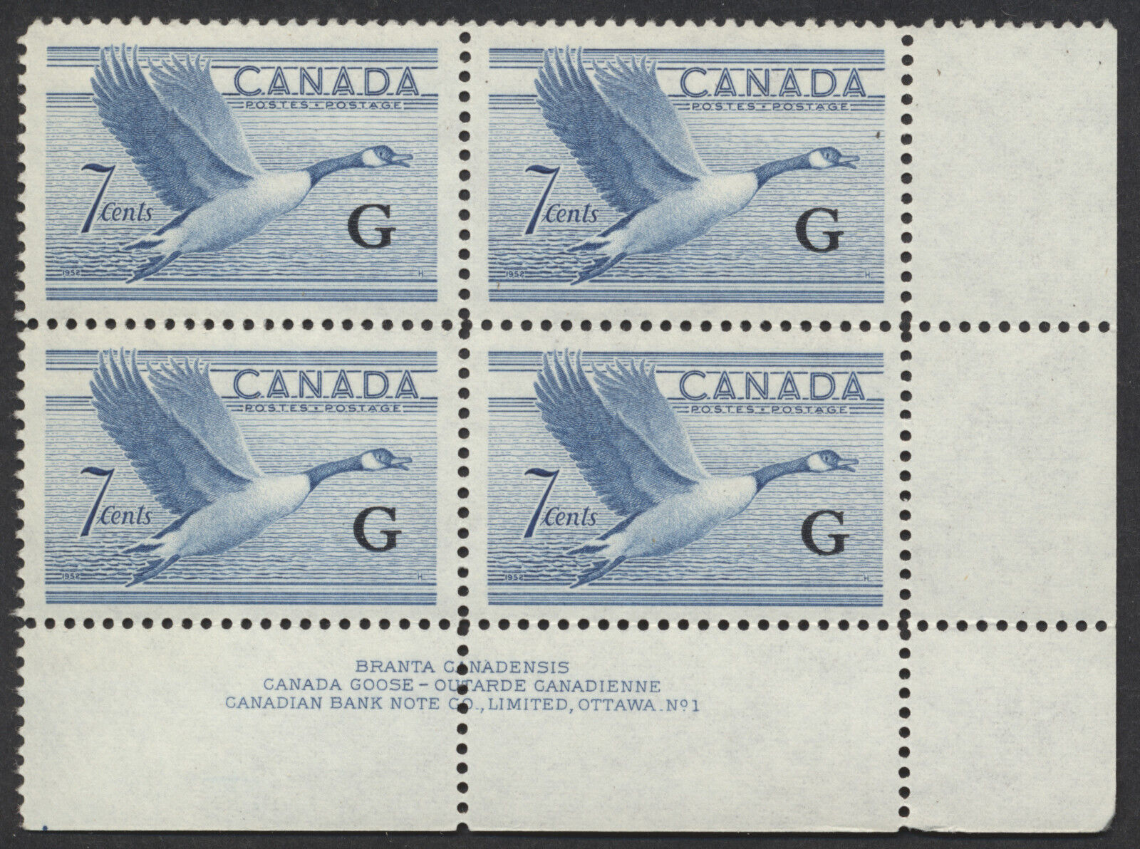 Canada #O31 7c Canada Goose 'G' Overprint LR Plate 1 Block Mint VF NH ...